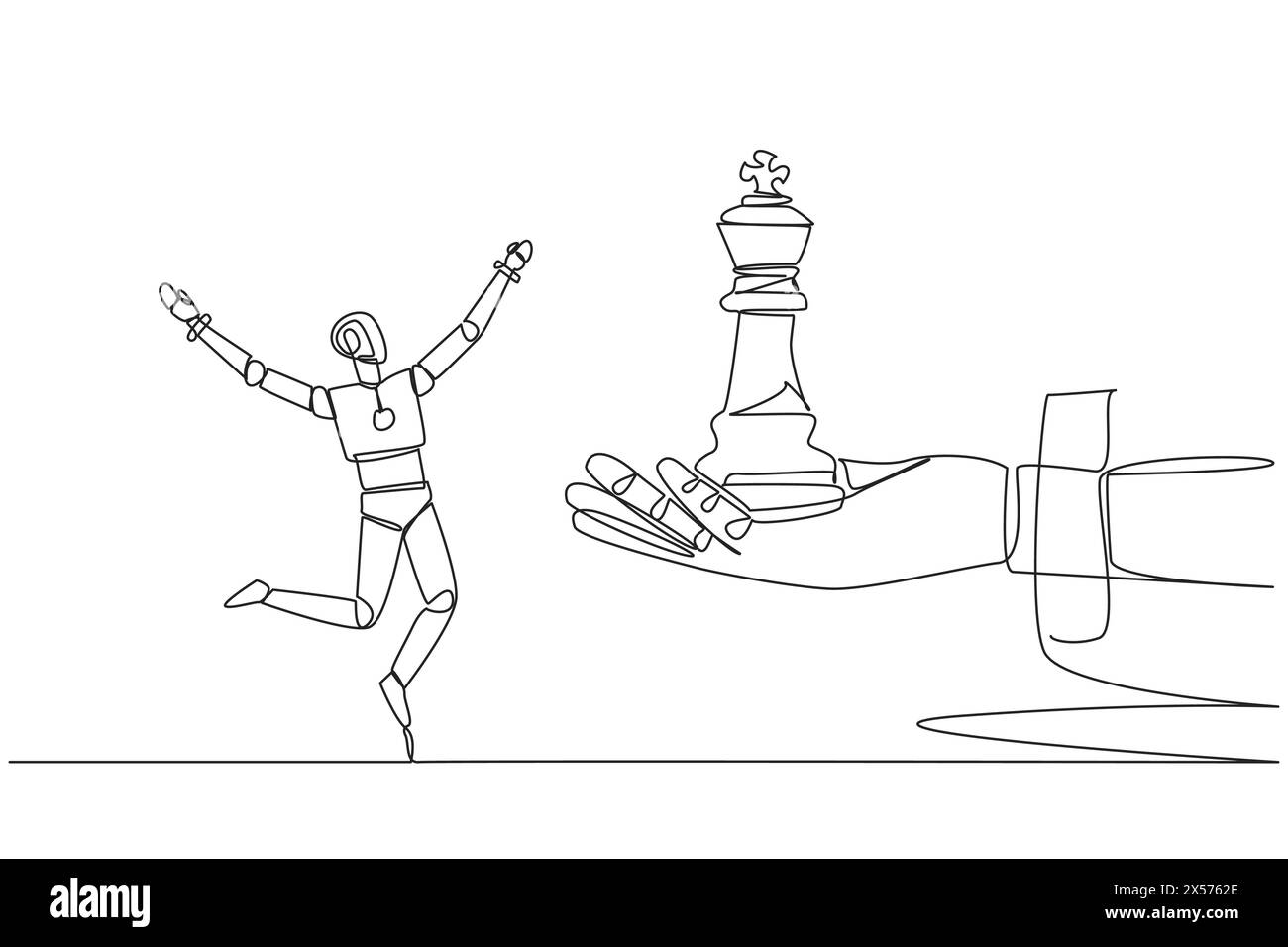Continuous one line drawing a robot excited to get king's chess piece ...