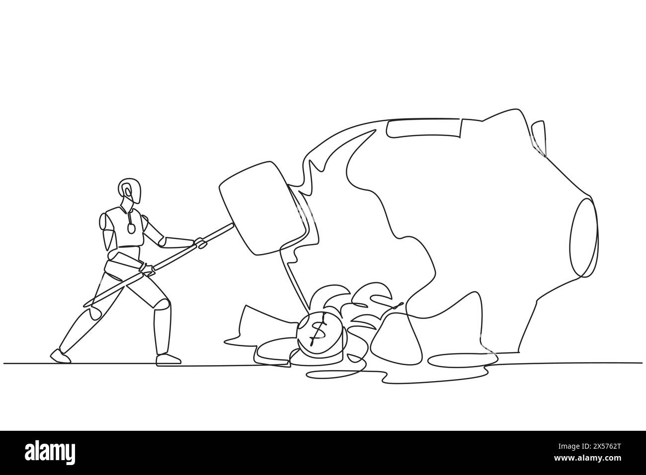 Continuous one line drawing robot hit big piggy bank with a big hammer ...