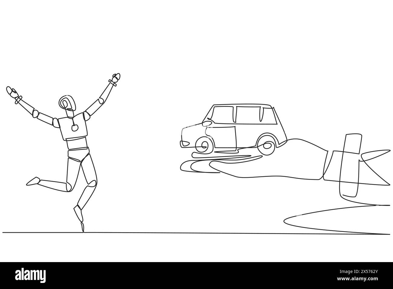 Single continuous line drawing a robot excited to get miniature car ...