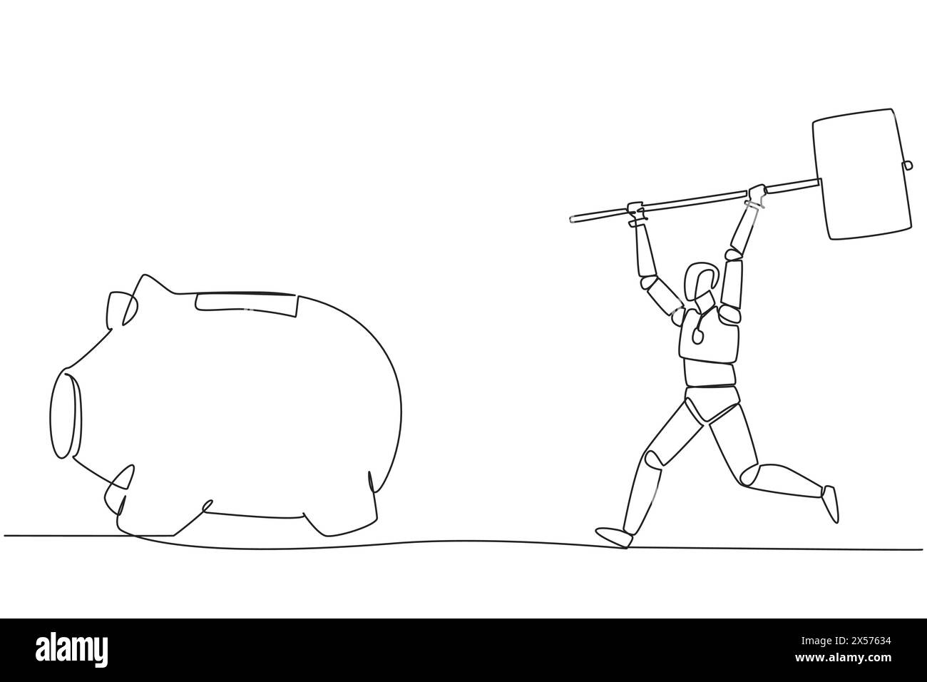 Single continuous line drawing robot holding a big hammer chasing big ...