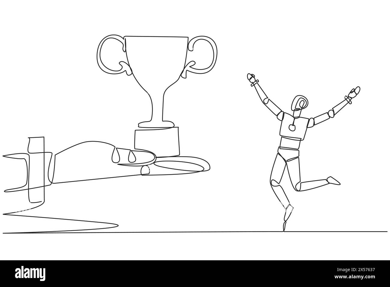 Single continuous line drawing a robot happy to get the trophy from the ...