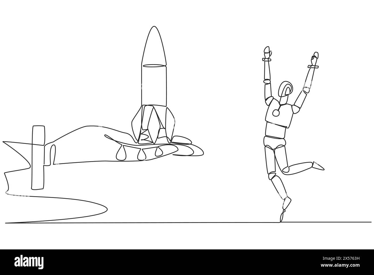 Single continuous line drawing a smart robot is happy to get rocket ...