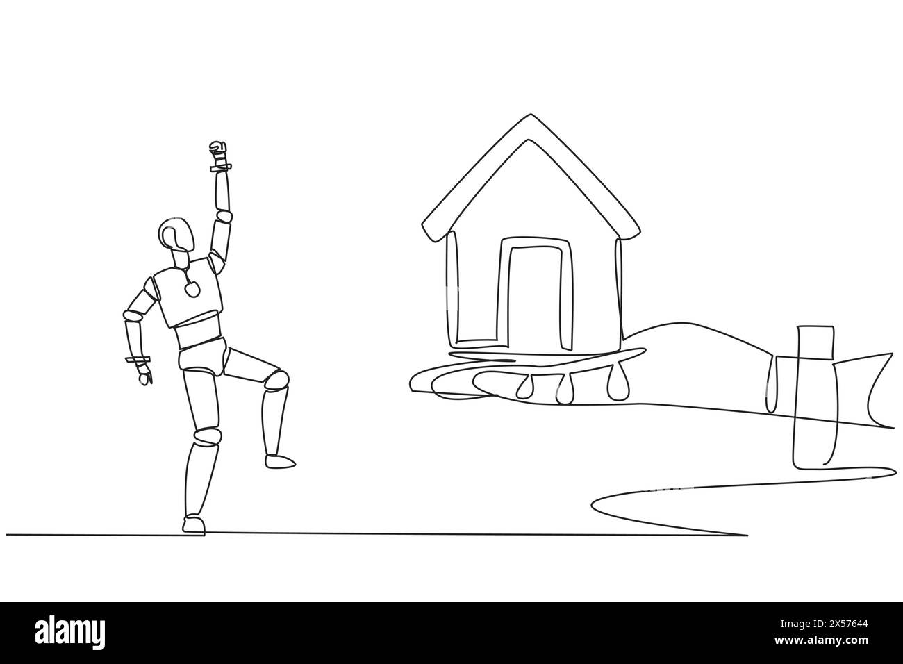 Single continuous line drawing a robot excited to get a miniature house ...