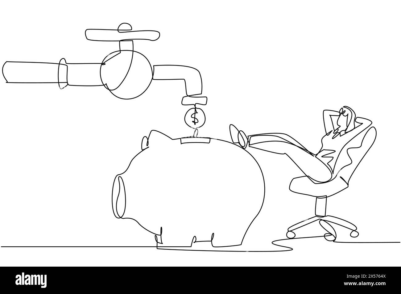 Single one line drawing businesswoman sit relax on chair to see money ...