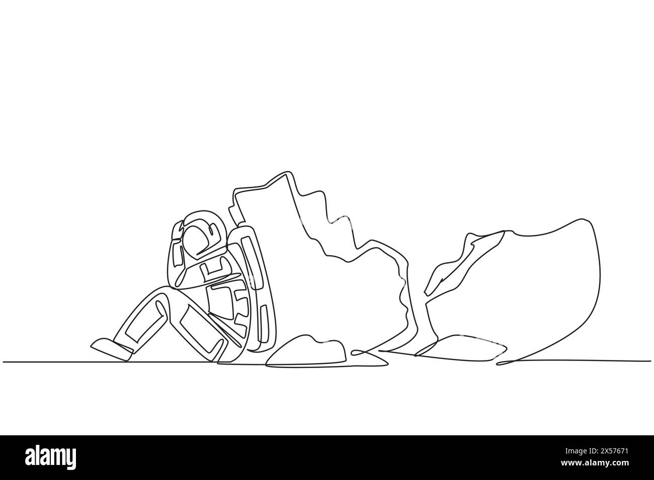 Single continuous line drawing astronaut sit slump next to a large ...