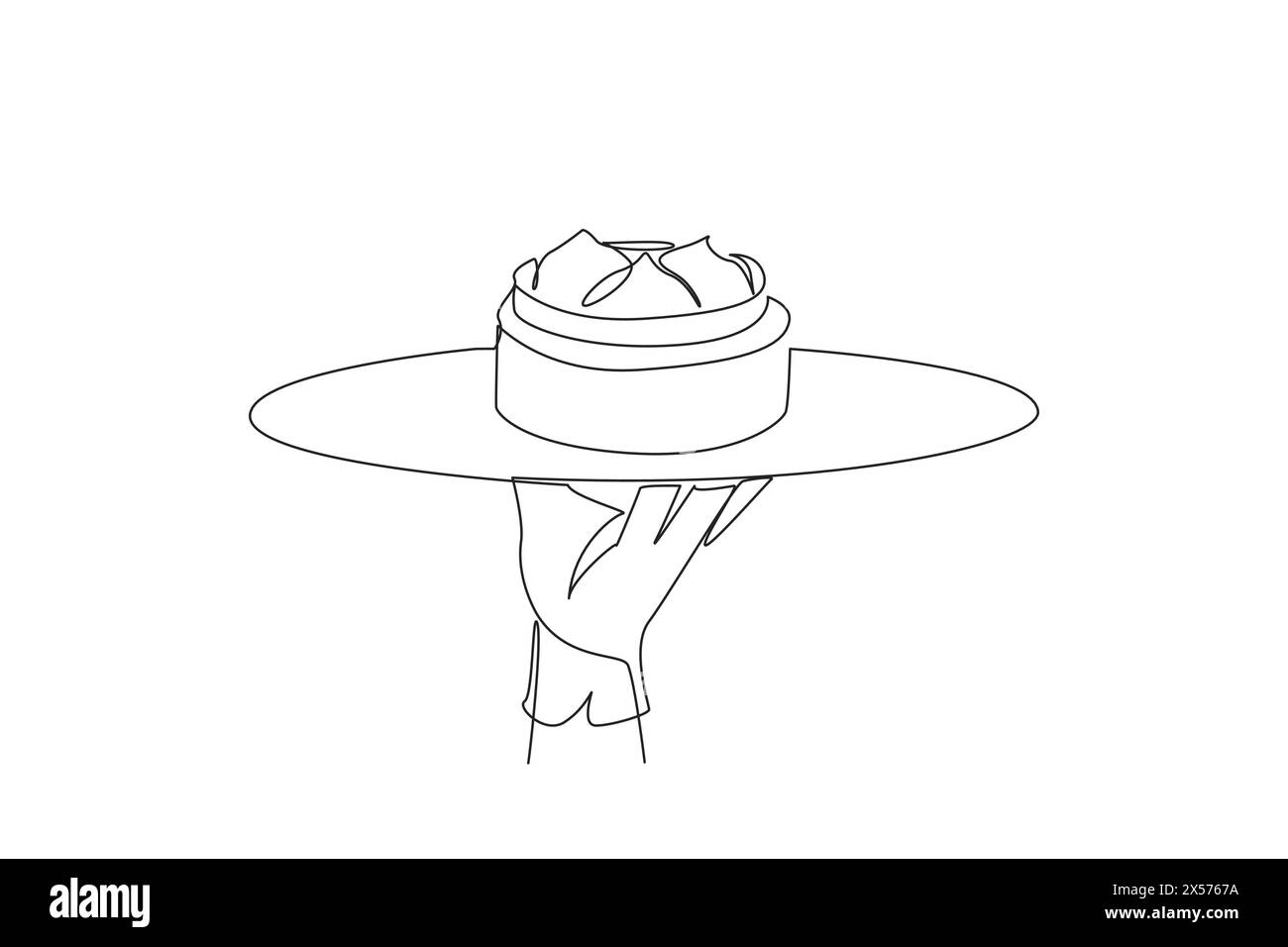 Single continuous line drawing the waiter holds a food tray serving dim ...
