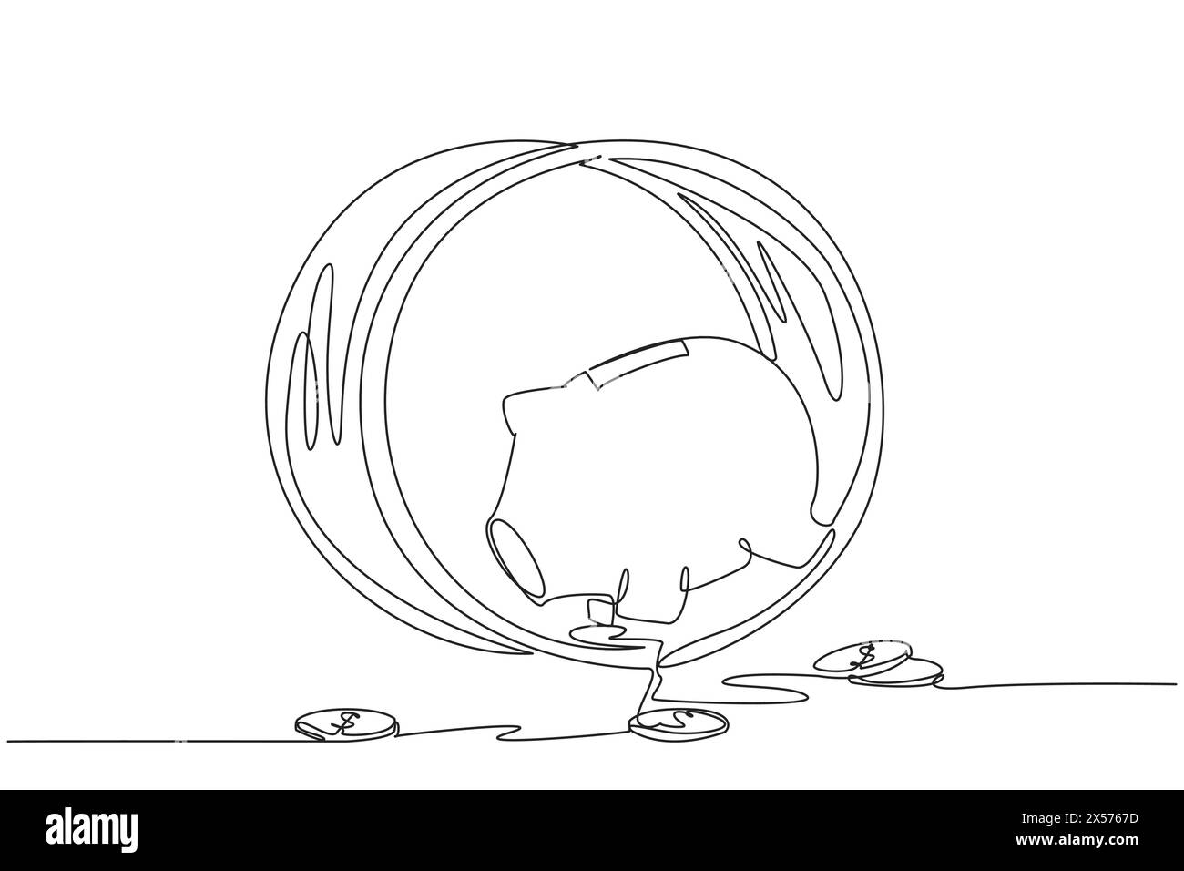 Single continuous line drawing piggy bank runs on the running wheel ...