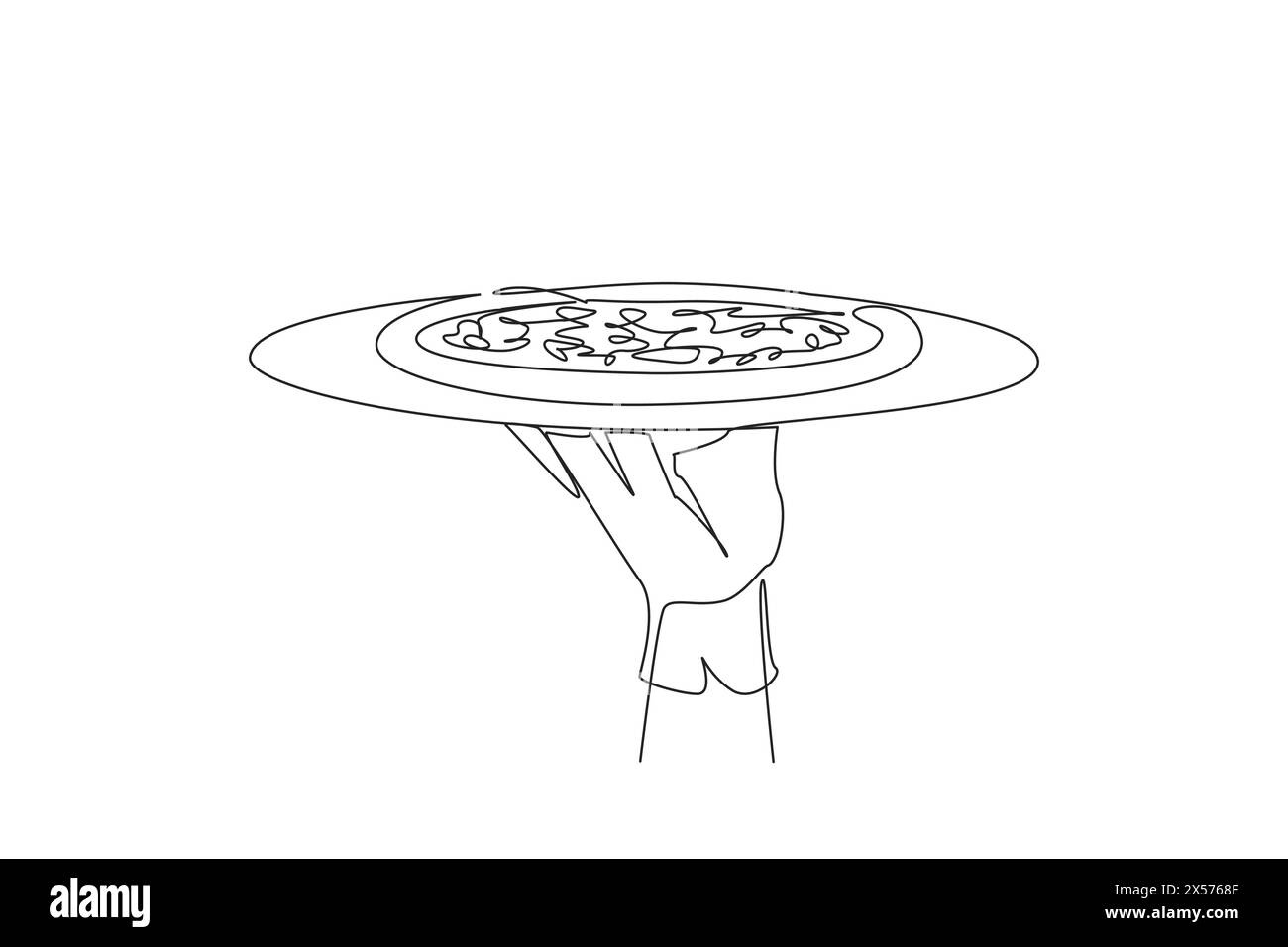 Single one line drawing waiter holding food tray serving pizza. Typical ...