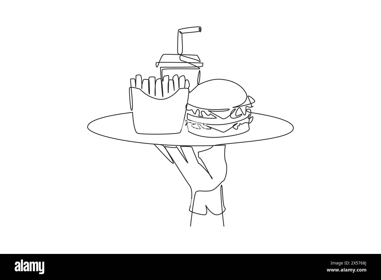 Continuous one line drawing waiter holds food tray serving french fries ...