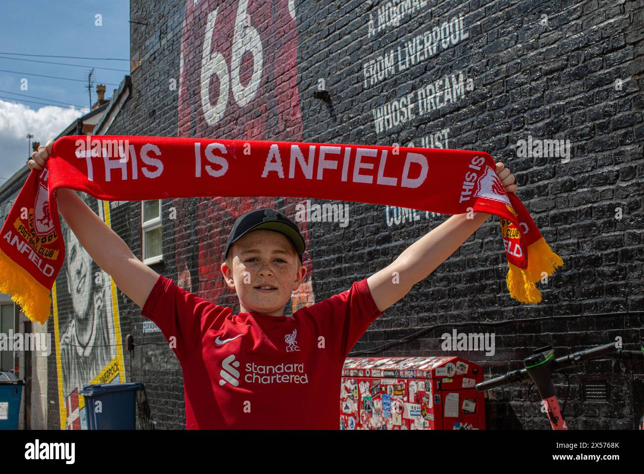 Young Liverpool FC supporter with scarf This is Anfield , Liverpool ,UK ...