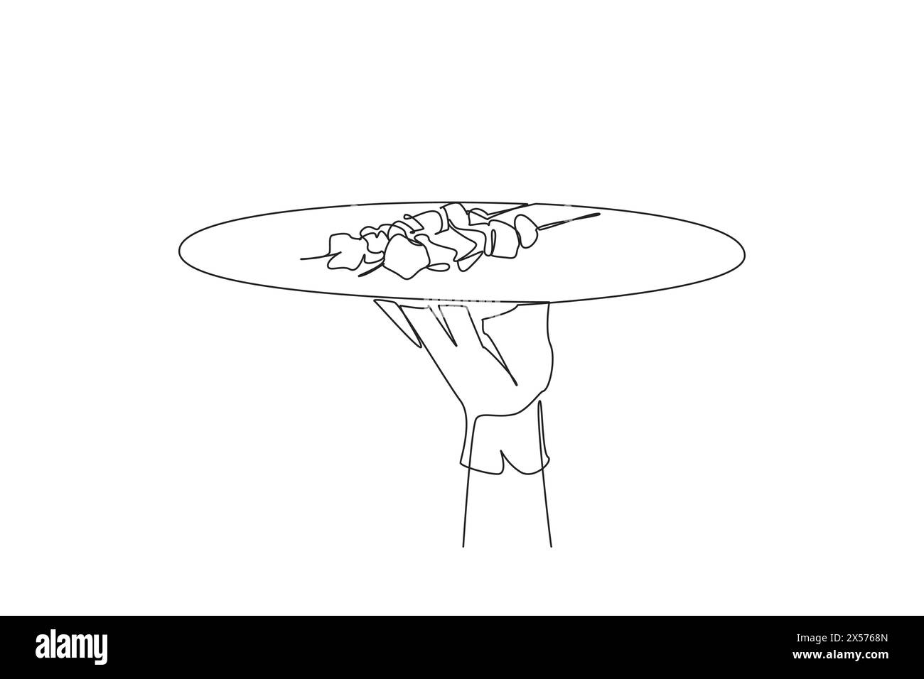 Continuous one line drawing the waiter holds food tray serving kebabs ...