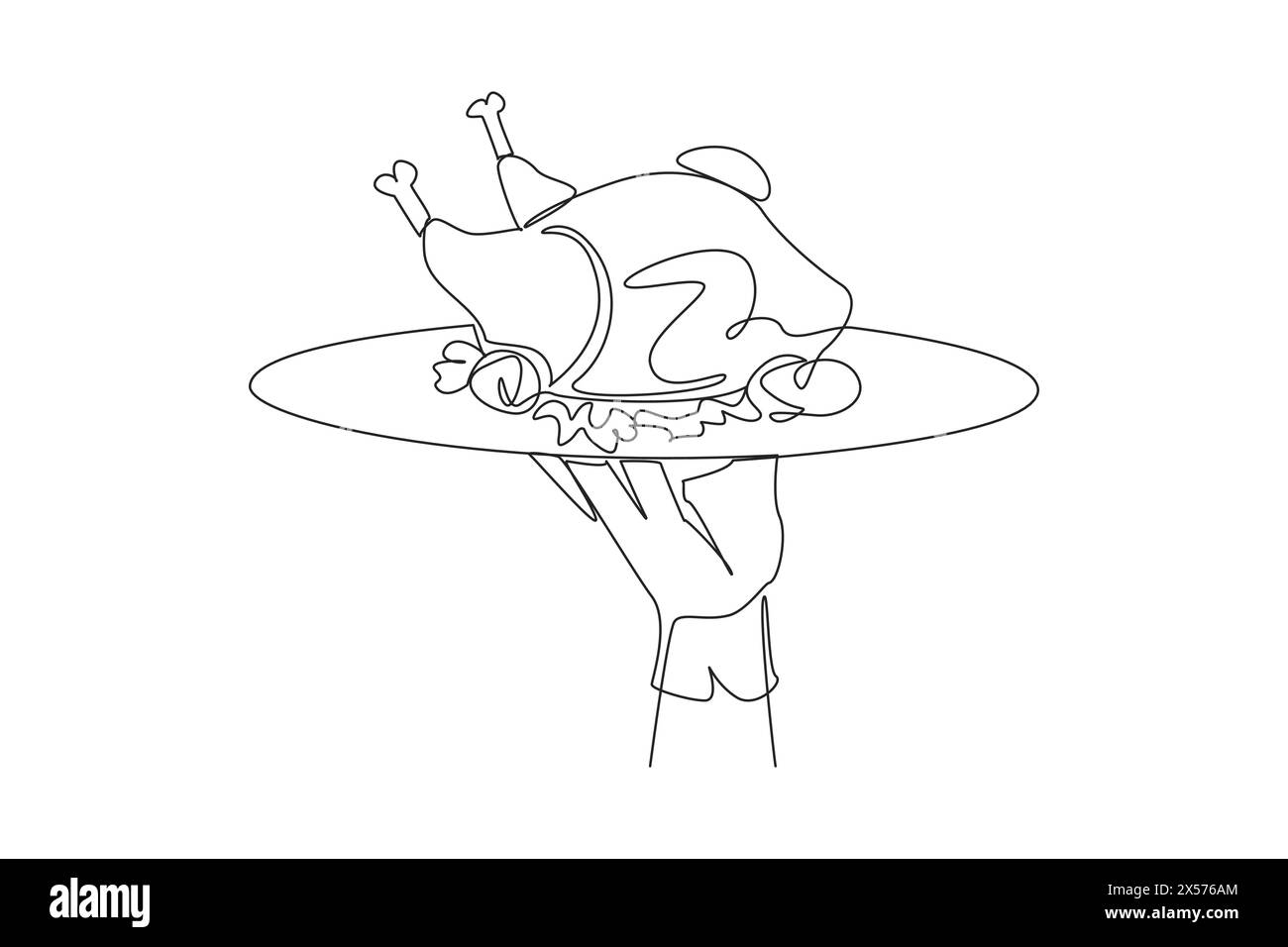 Single one line drawing the waiter holds food tray serving roast ...
