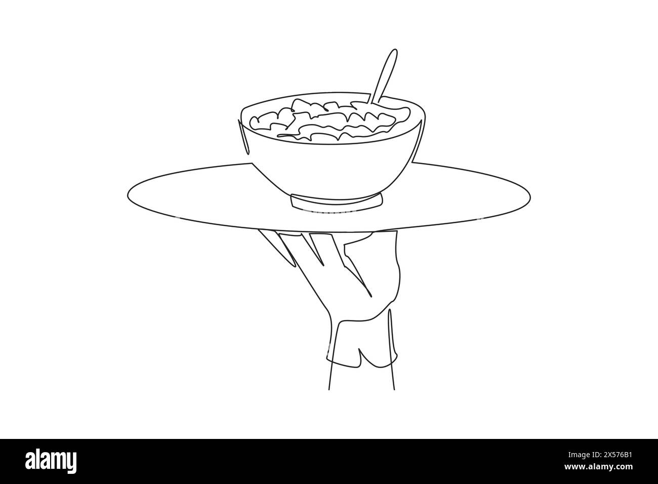 Single continuous line drawing the waiter holds a food tray serving ...