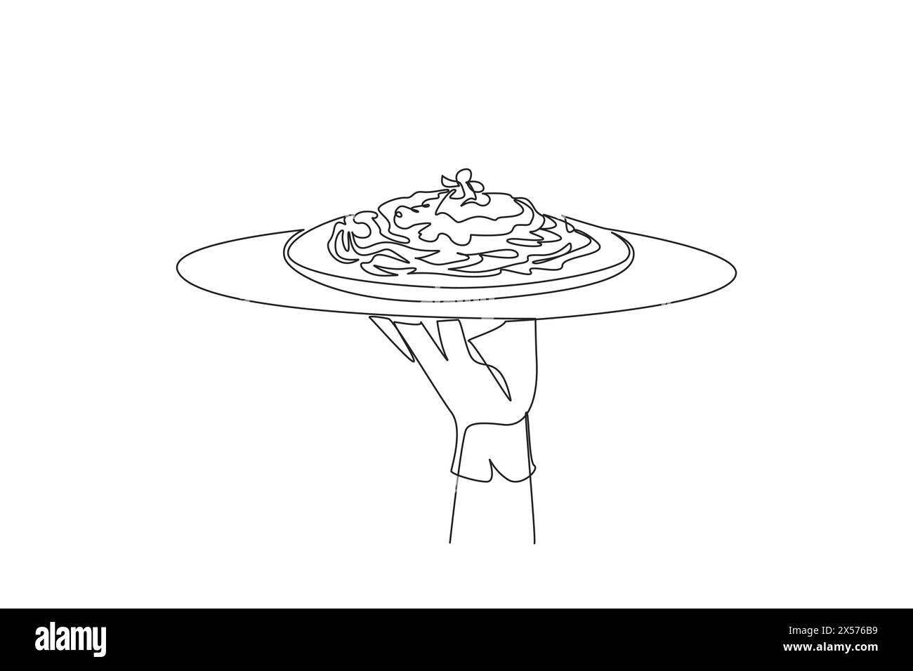 Single continuous line drawing the waiter holds a food tray serving ...