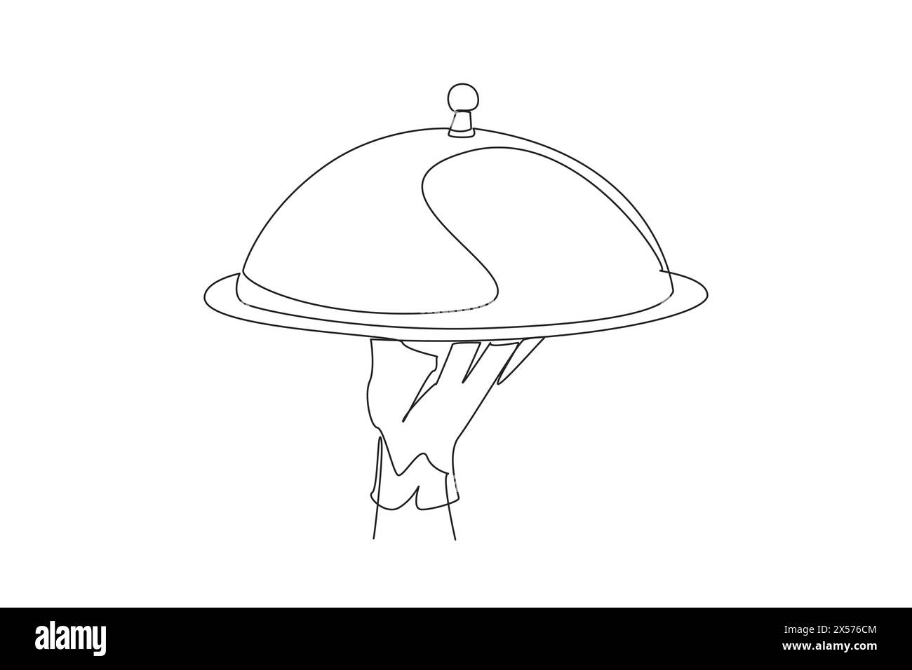 Continuous one line drawing the waiter holds a food tray covered by a ...