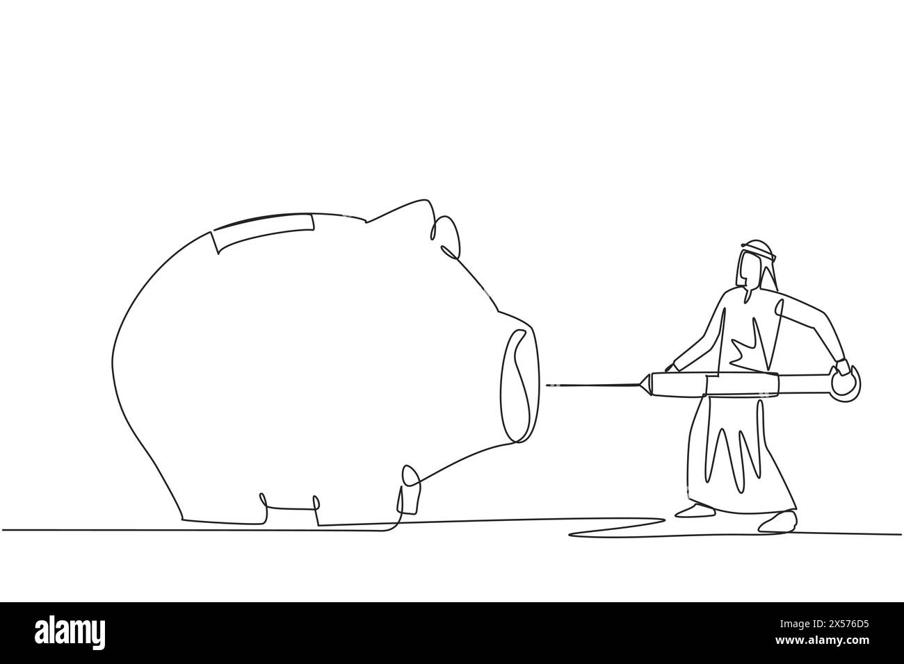 Single one line drawing Arab businessman holding big syringe and want ...