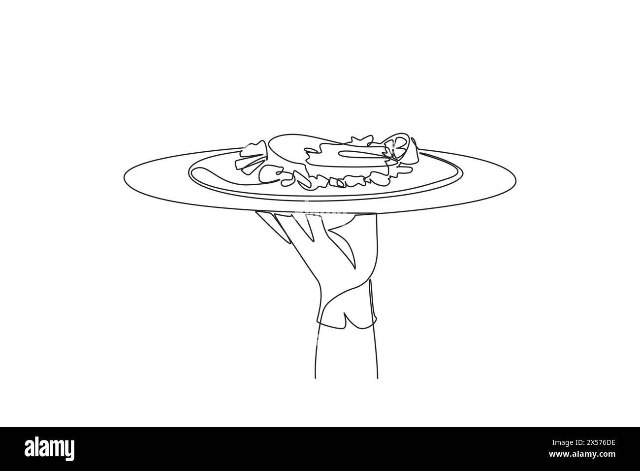 Single continuous line drawing waiter holds food tray serving baked ...