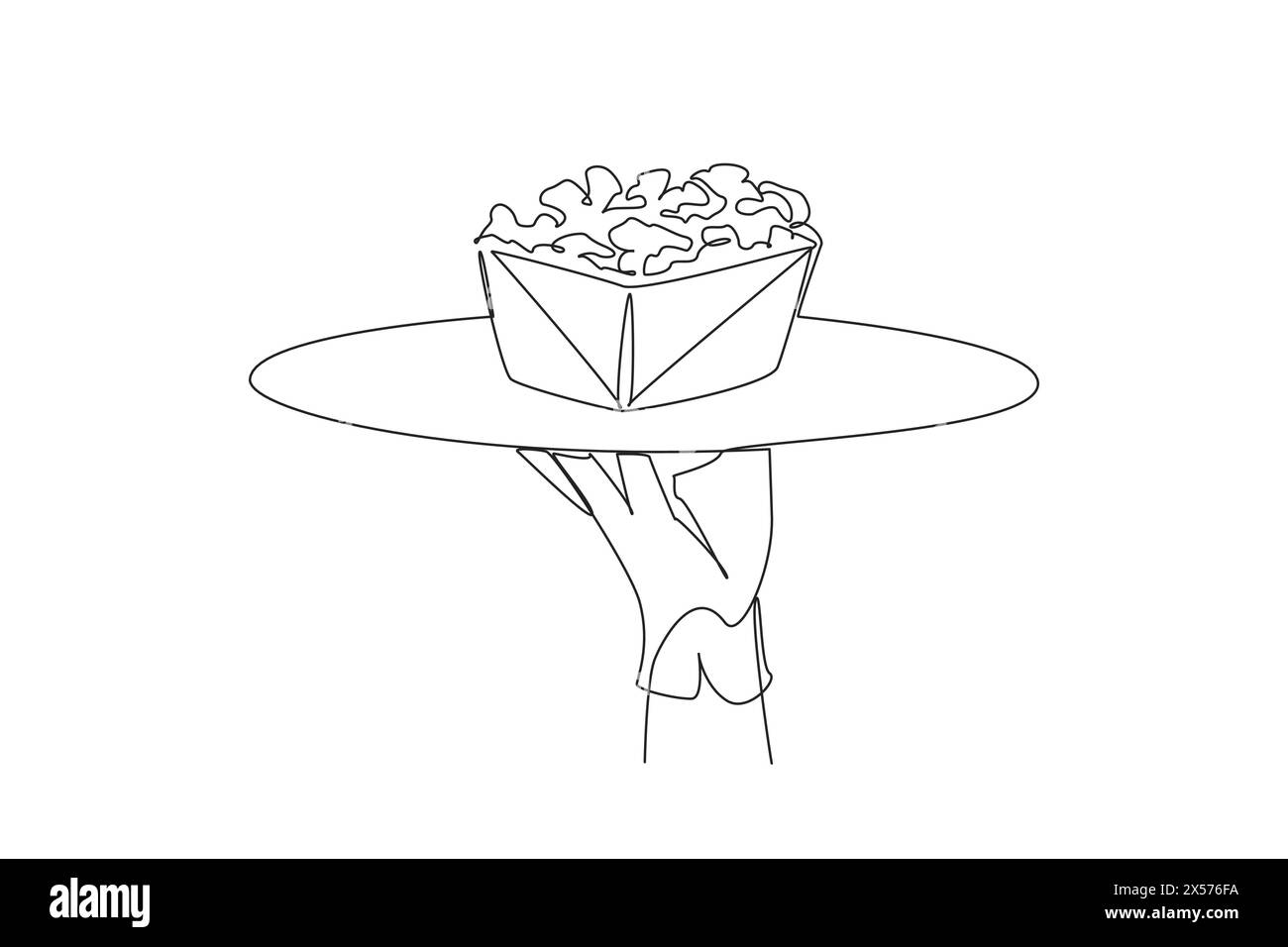 Single continuous line drawing the waiter holds a food tray serving ...