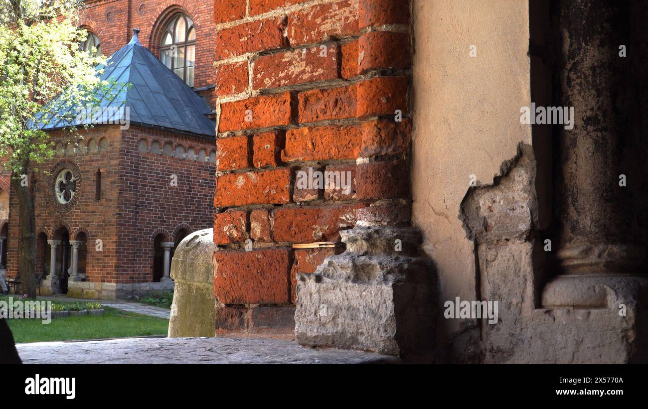 Close-up view of an ancient red brick wall support in the Riga ...