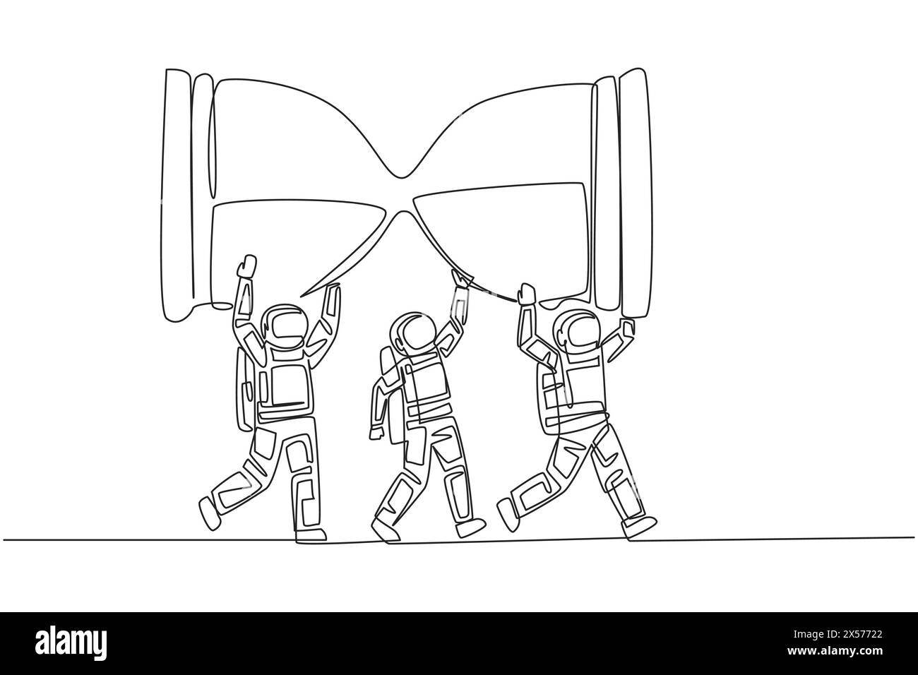 Continuous one line drawing a group of astronauts work together to carrying an hourglass ...