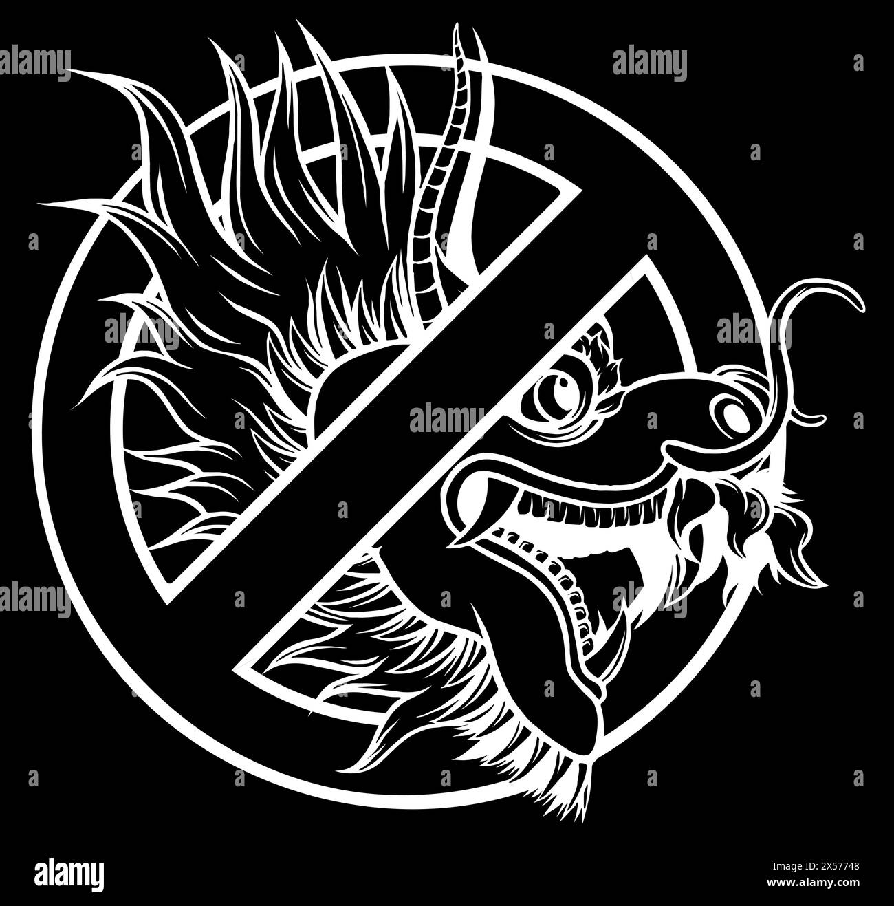 white silhouette of No Dragon Sign on black Background. vector ...