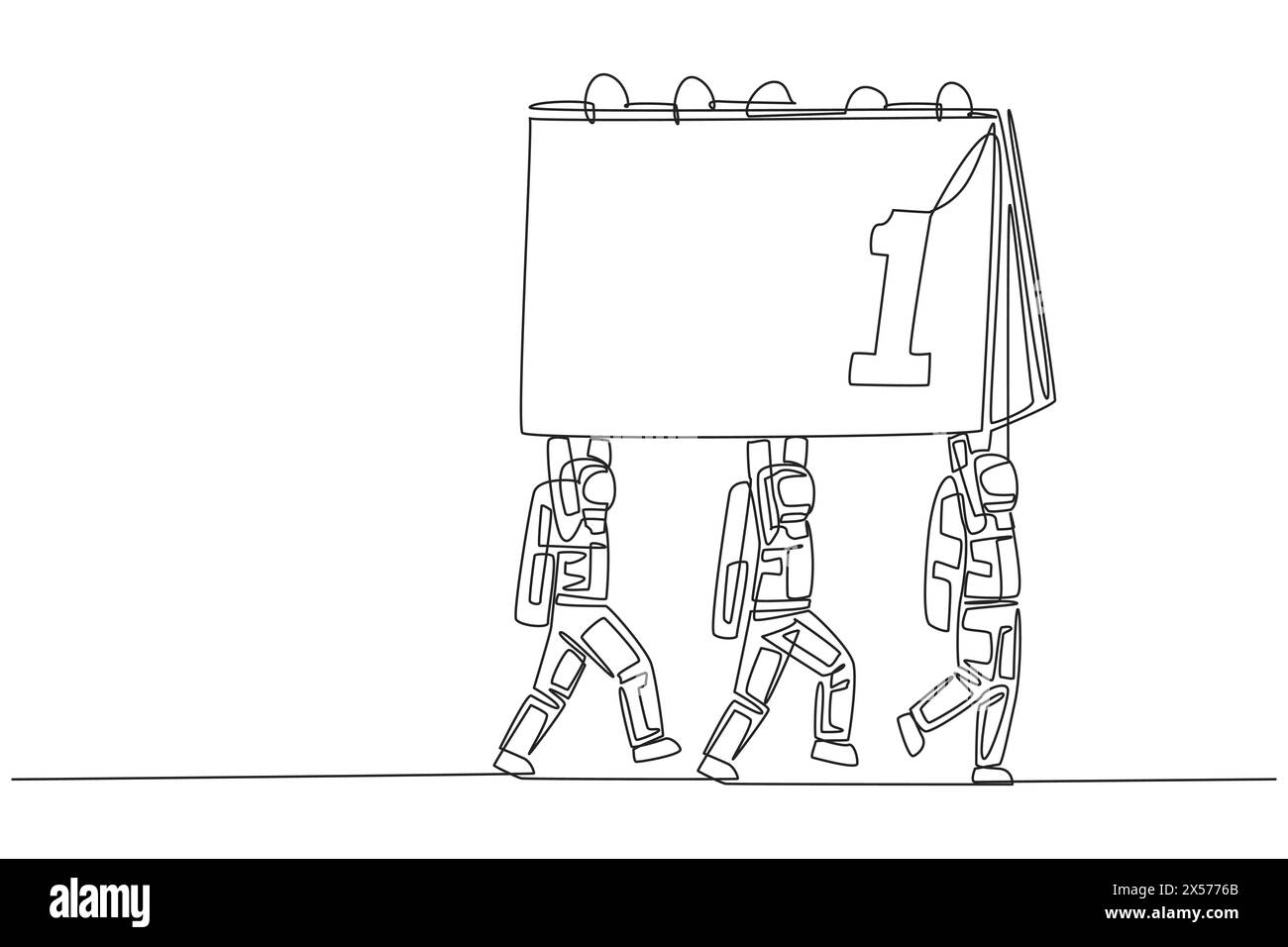Single continuous line drawing a group of astronauts work together ...