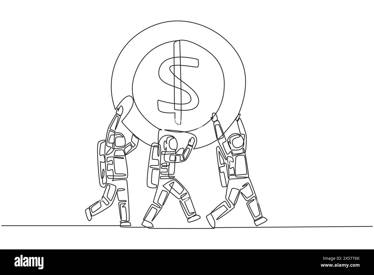 Single continuous line drawing group of astronauts work together ...