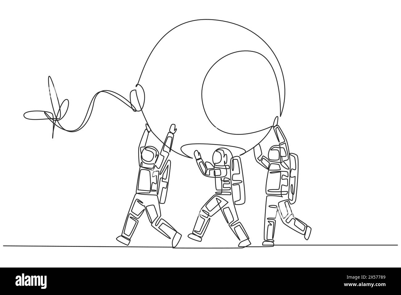 Continuous one line drawing group of astronauts work together carrying a big bomb with fuse lit ...