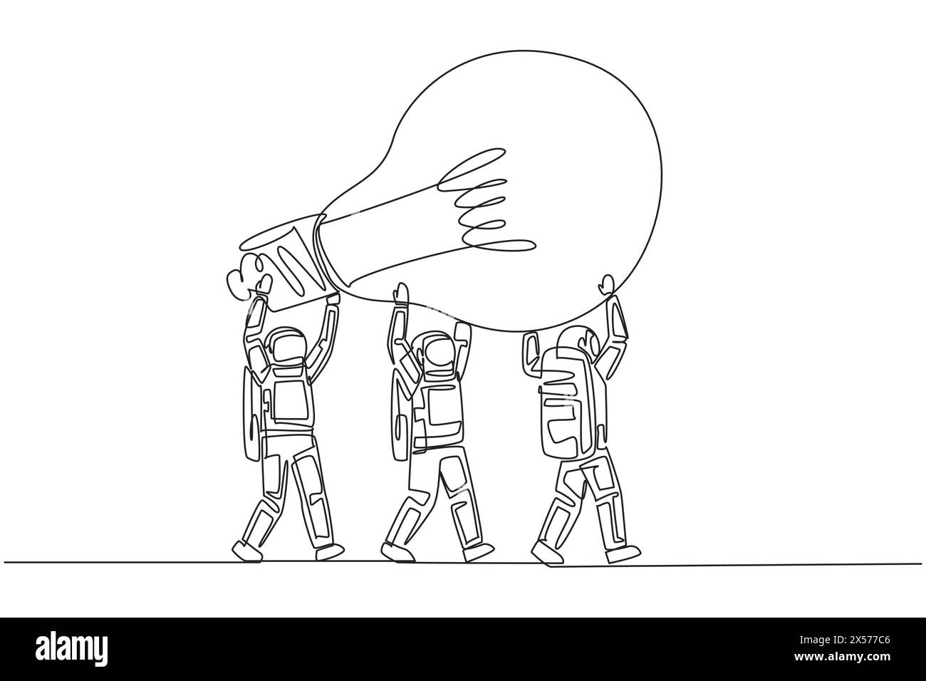 Single one line drawing a group of astronauts work together to carrying a lightbulb. Exchange ...