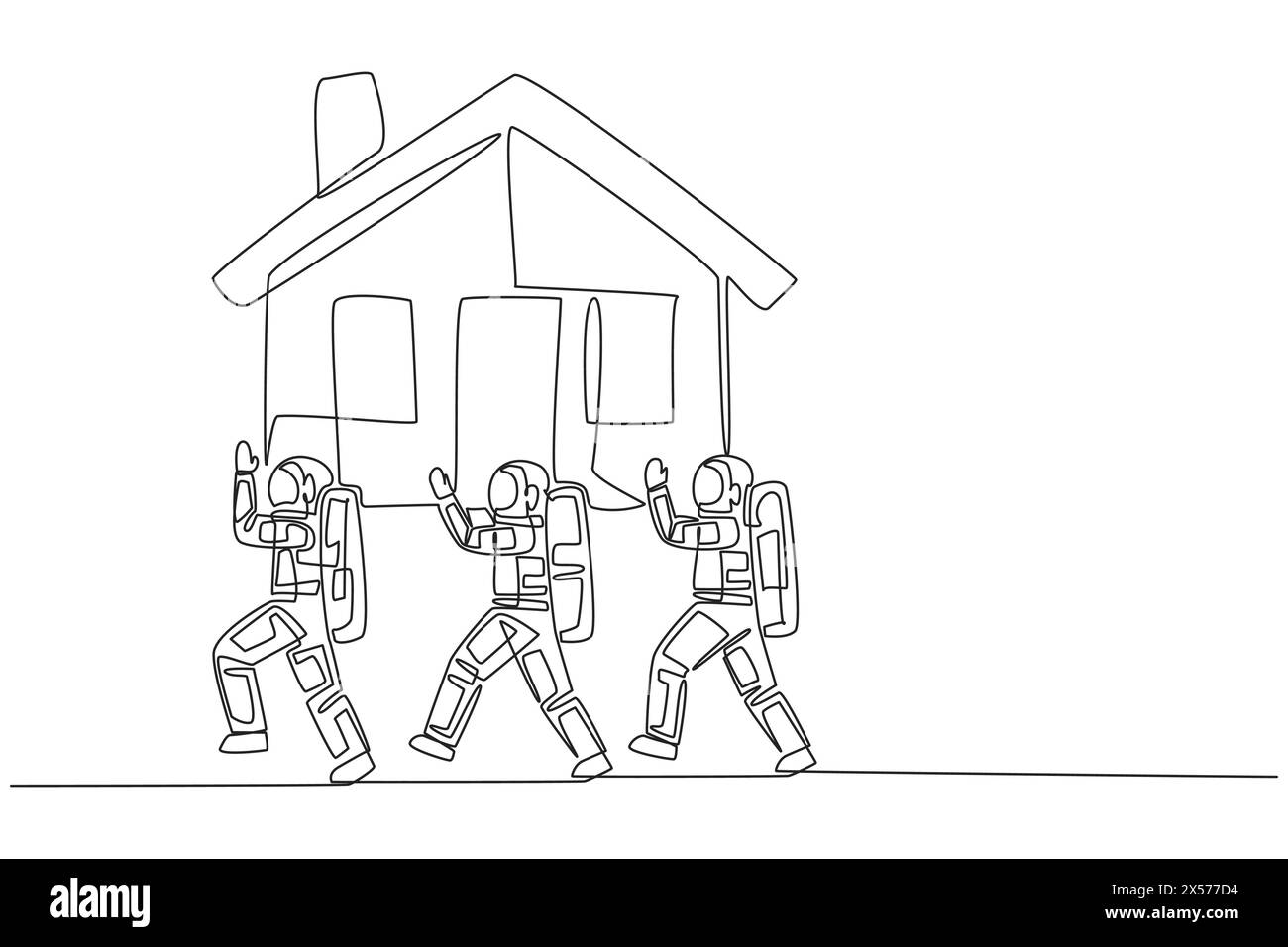 Single one line drawing group of astronauts work together carrying a ...