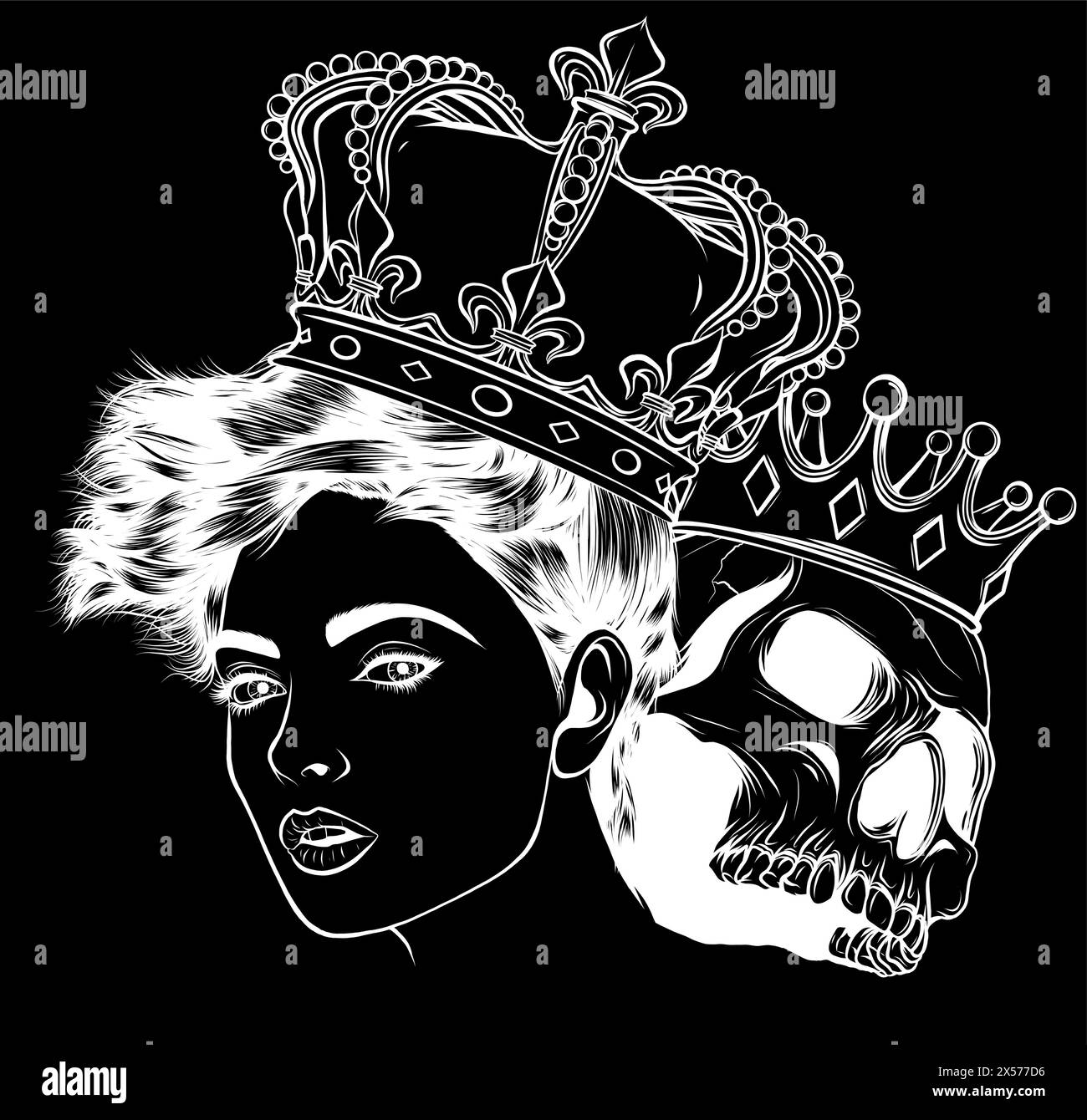 white silhouette of king skull with queen skull on black background ...