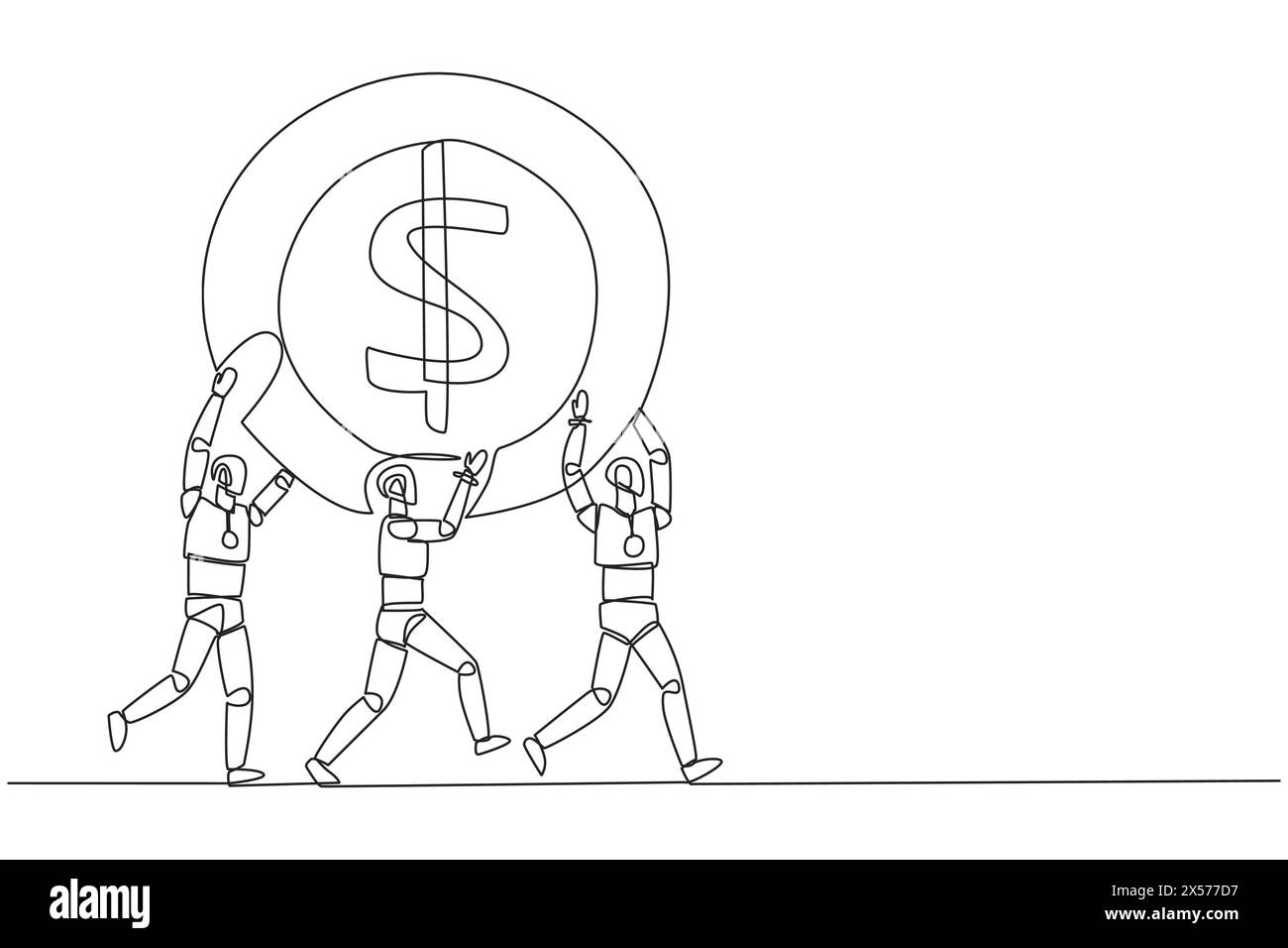 Single one line drawing group of robots work together carrying a dollar ...