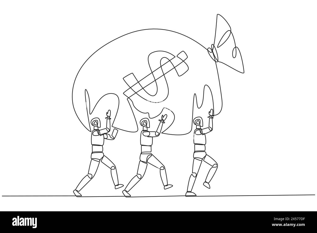 Single one line drawing a group of robots work together to carrying ...