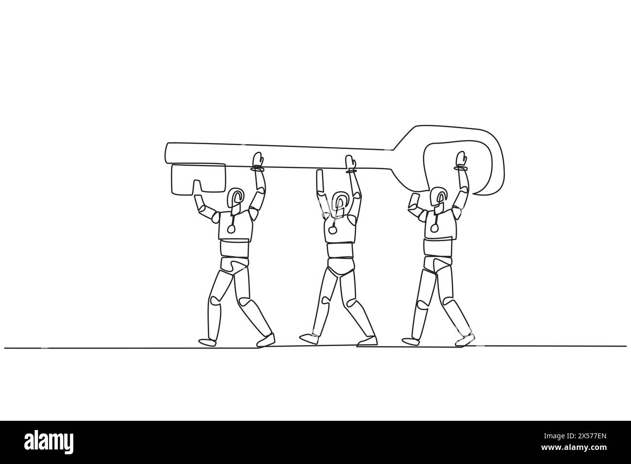 Continuous one line drawing group of robots work together carrying the ...