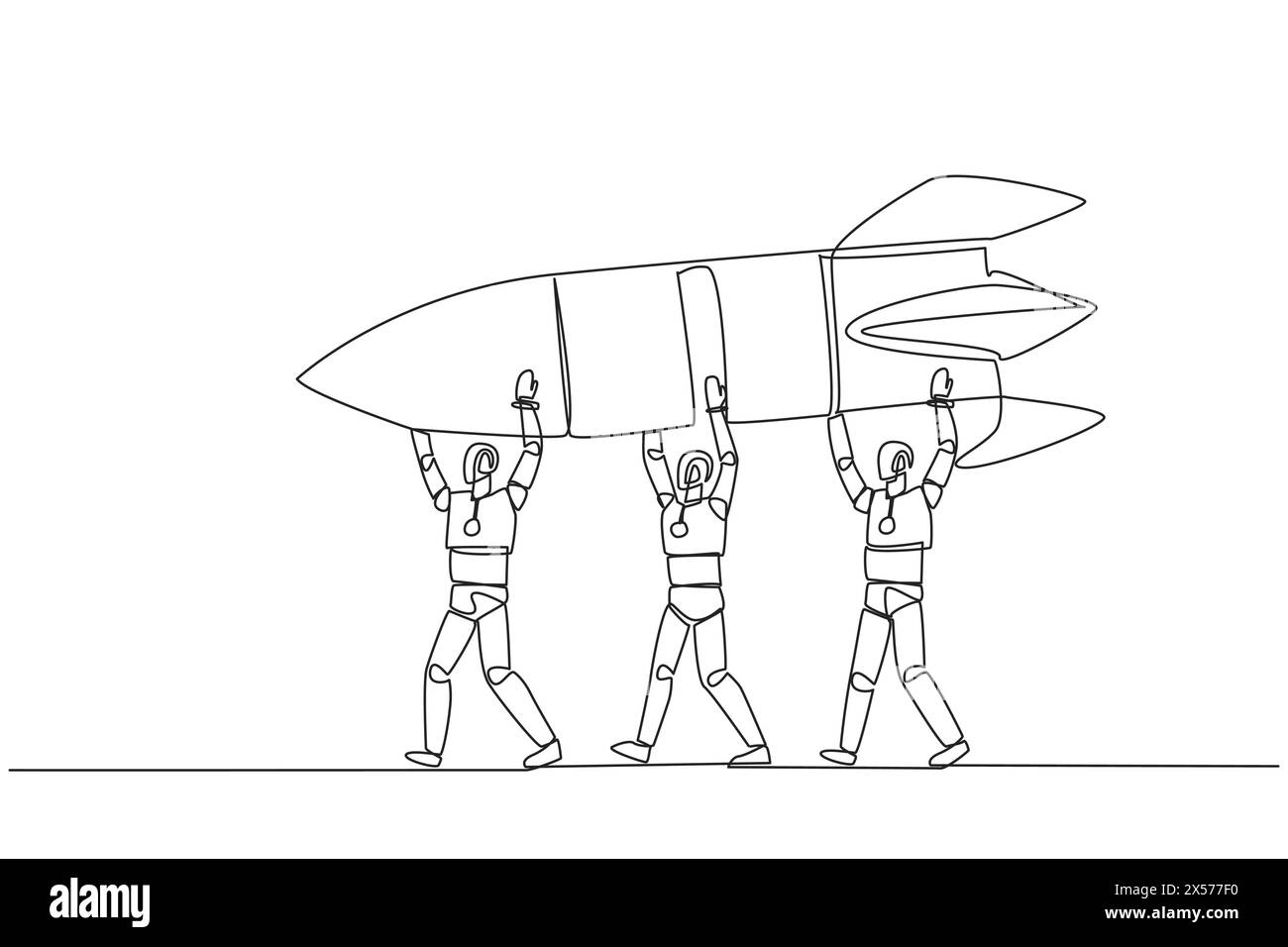 Single continuous line drawing a group of robots work together carrying ...