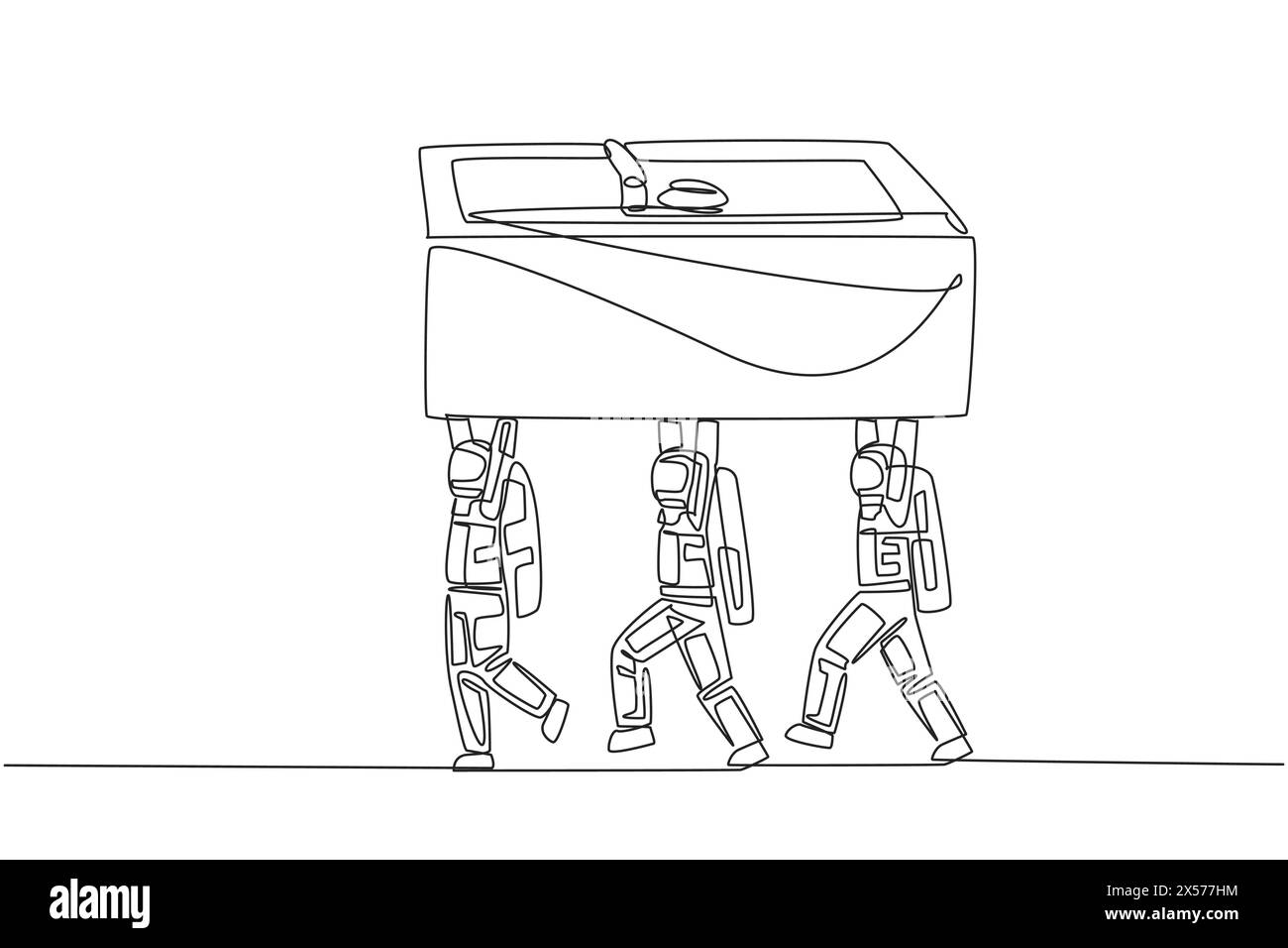 Single one line drawing a group of astronauts work together carrying safe deposit box. Maximum ...