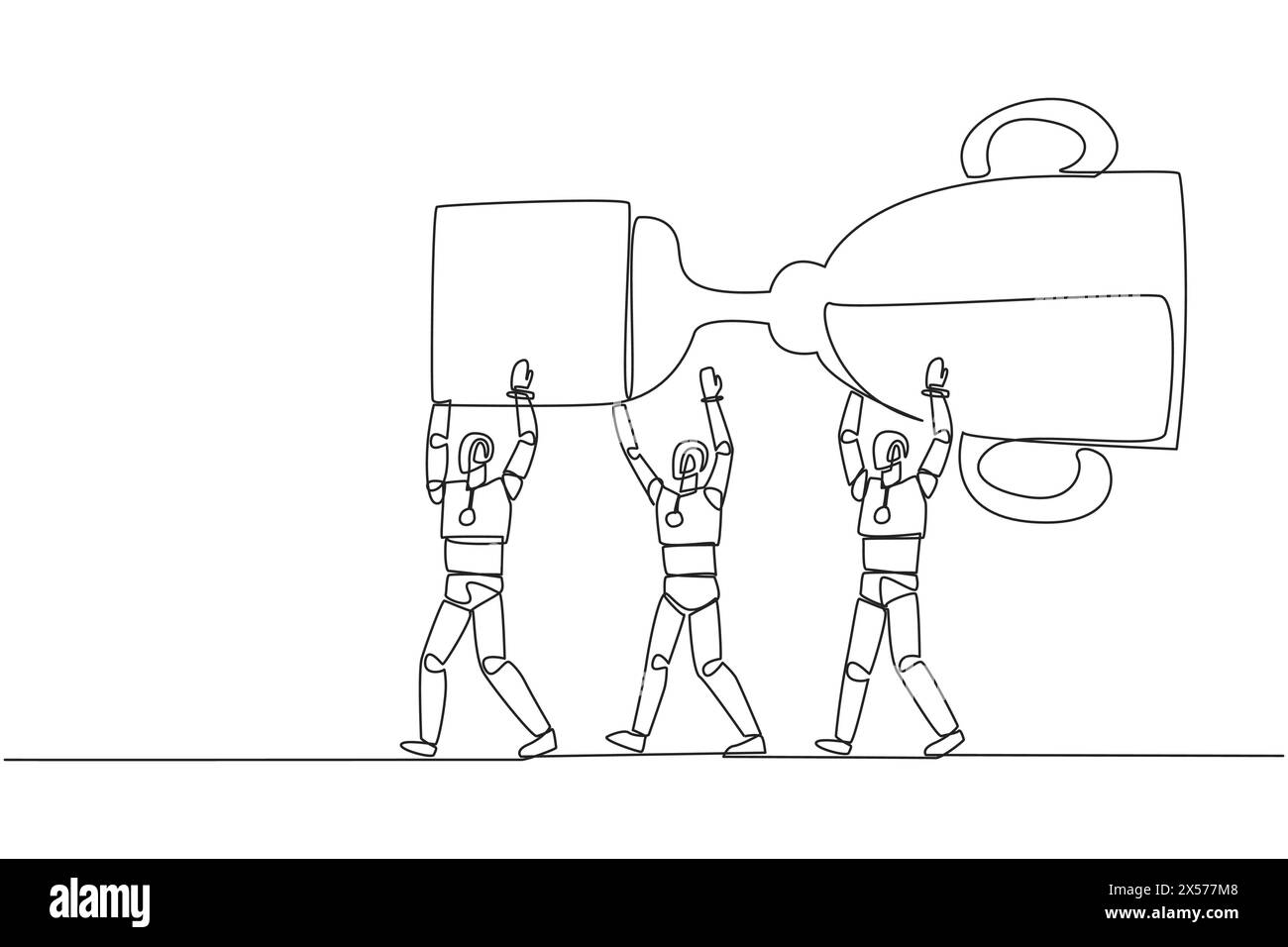 Continuous one line drawing group of robots work together carrying the ...