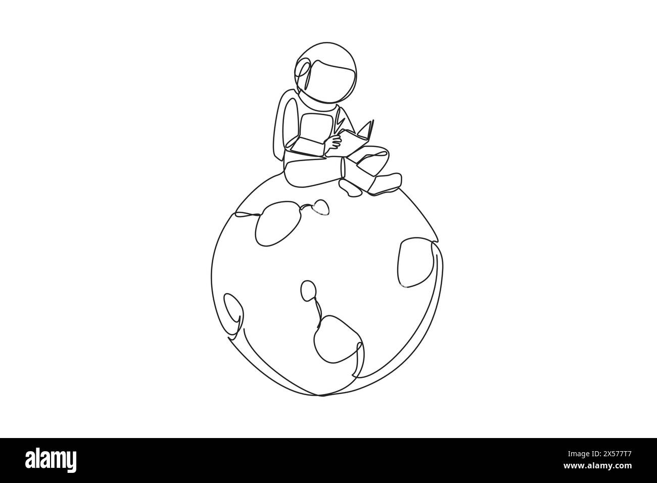 Continuous one line drawing astronaut sitting on the moon reading ...