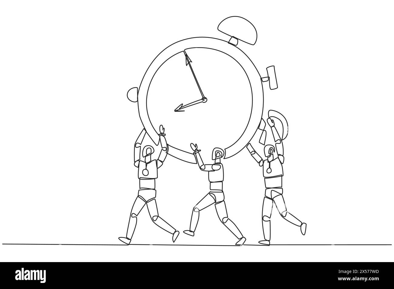 Single one line drawing group of robots work together carrying alarm ...