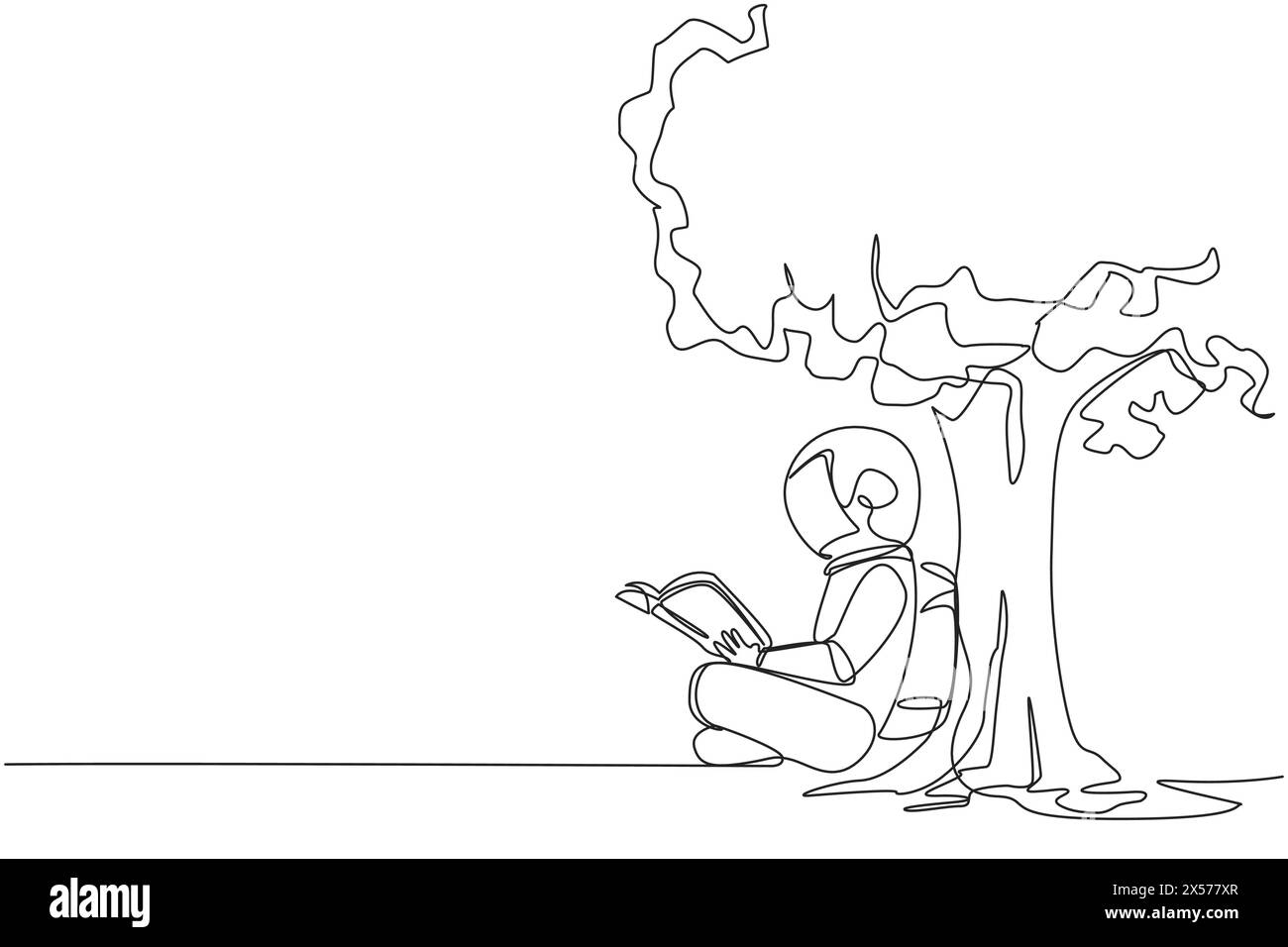 Single continuous line drawing astronaut sitting reading book under ...