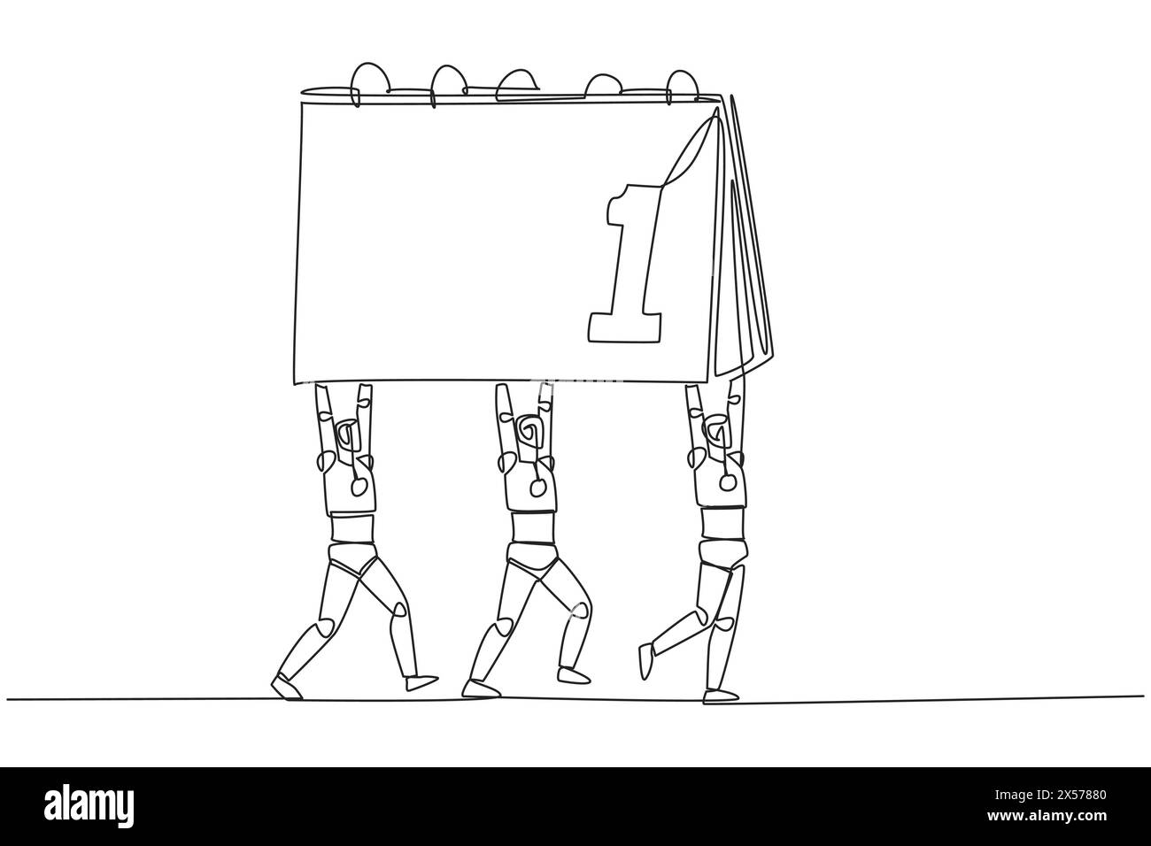 Continuous one line drawing a group of robots work together carrying a ...