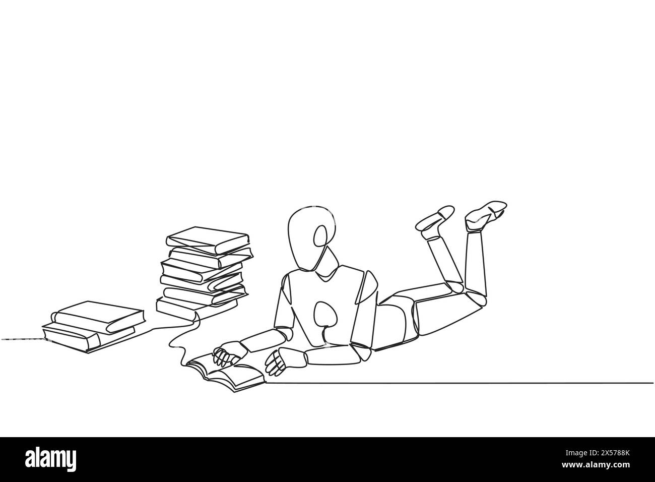 Single continuous line drawing smart robot really likes reading ...