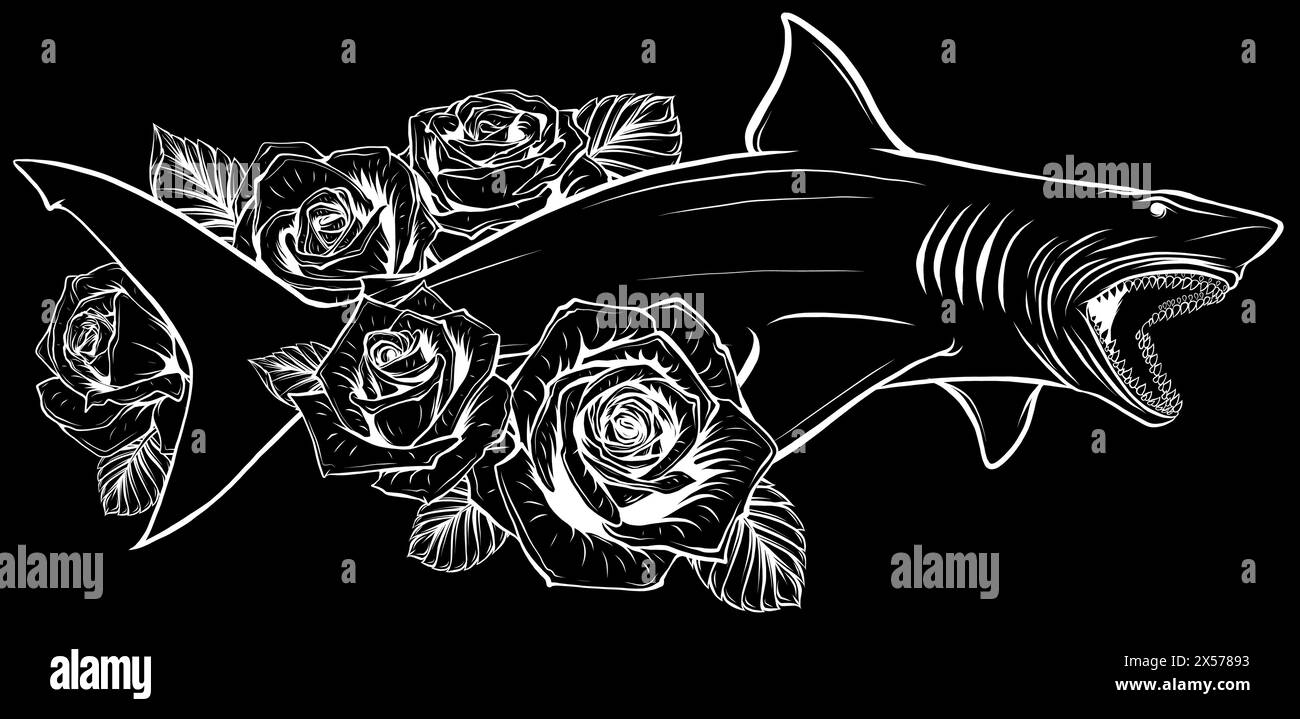 white silhouette of shark with rose flower on black background vector ...