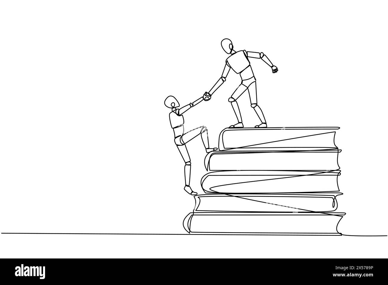 Single one line drawing robot help partner climb pile of books. Concept ...