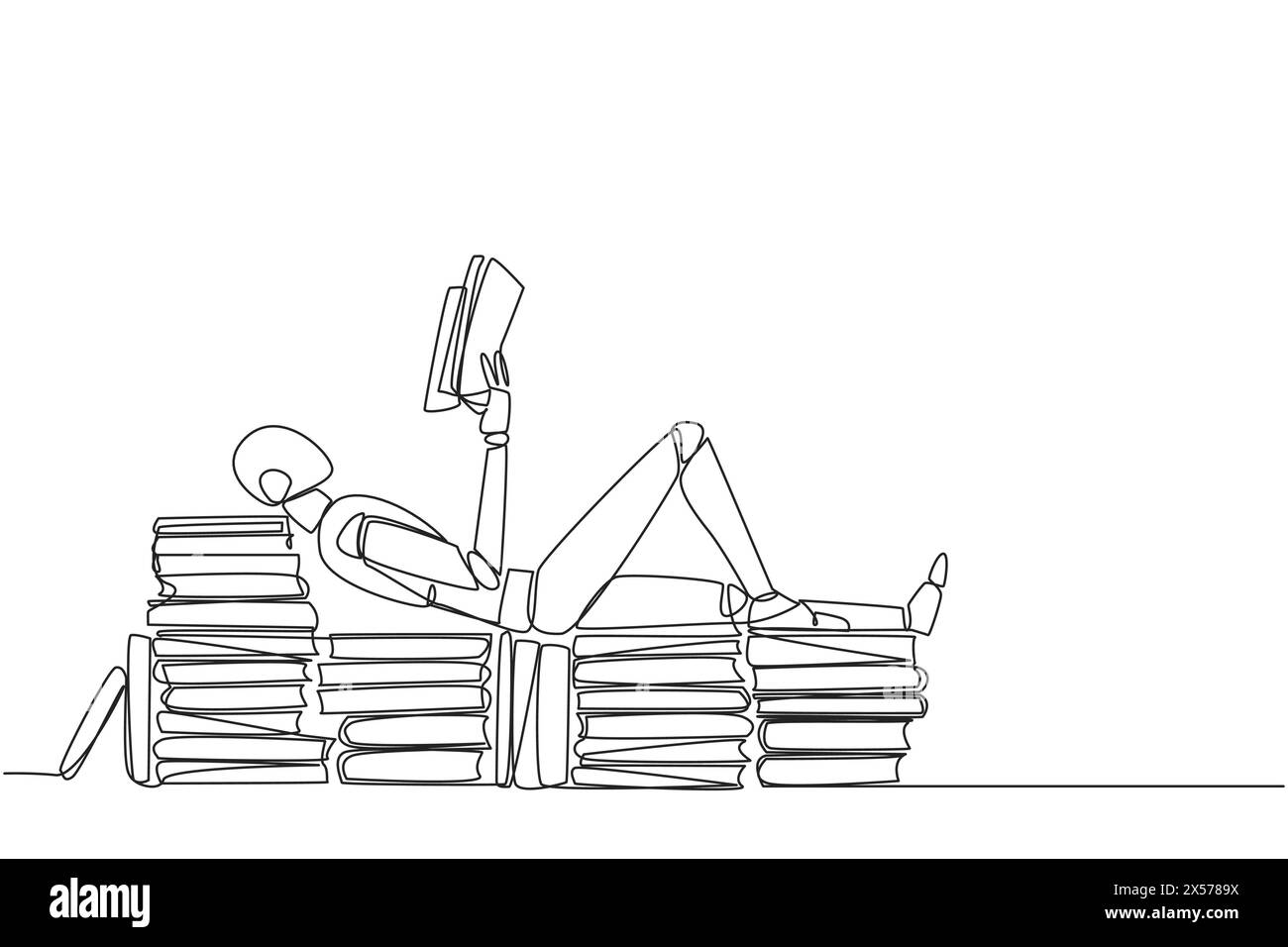 Single one line drawing robot lying down on a stack of books lined up ...
