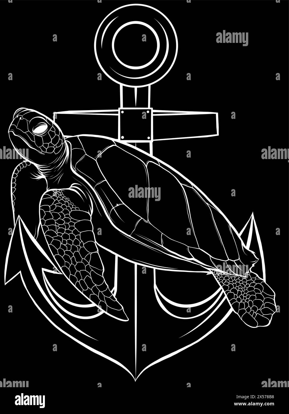 white silhouette of sea turtle with anchor on black background Stock ...