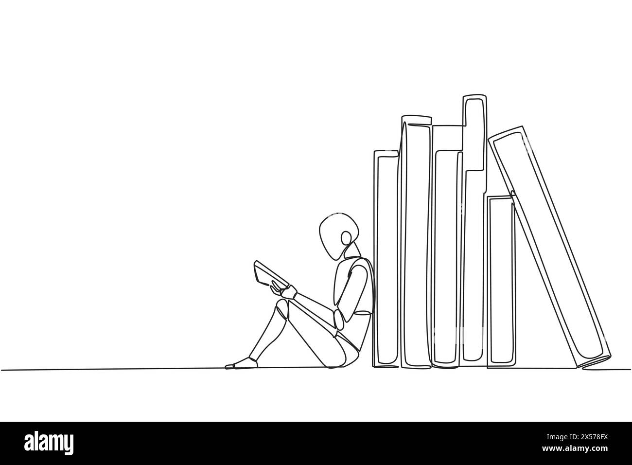 Single continuous line drawing robot reading sitting leaning against ...