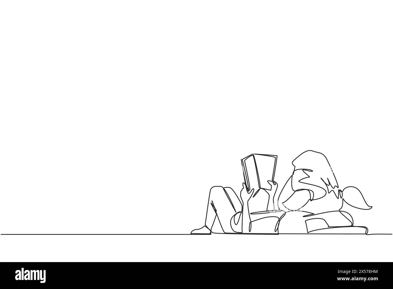Single one line drawing girl lying on back reading book. Reading ...