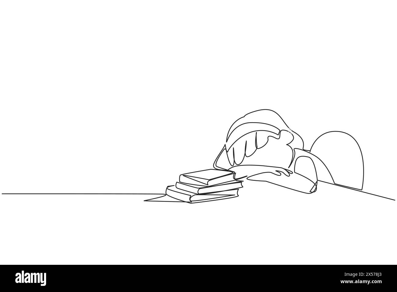 Single one line drawing girl asleep at the table where there were piles ...