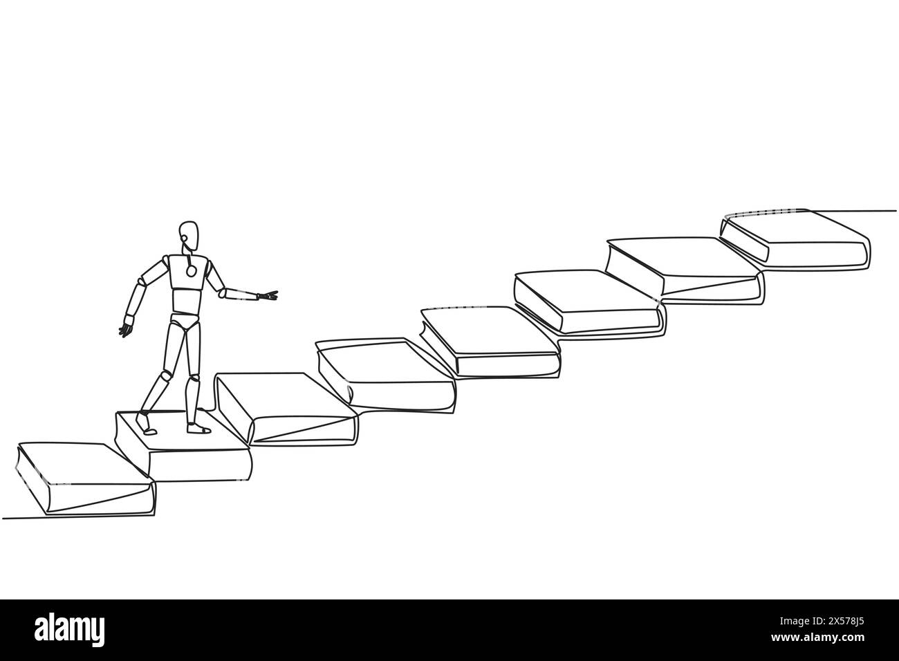 Single continuous line drawing smart robot climb stairs from book ...